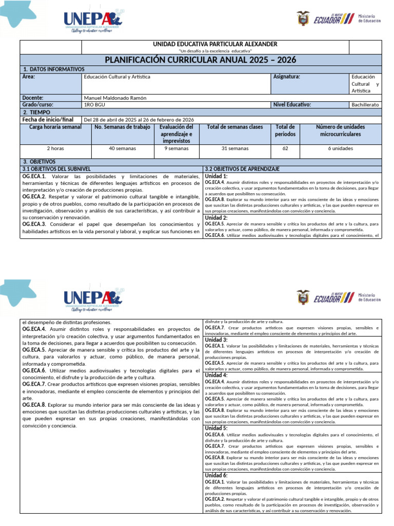 Pca 2025 - Eca - 1ro Bgu | PDF | Las emociones | Conocimiento