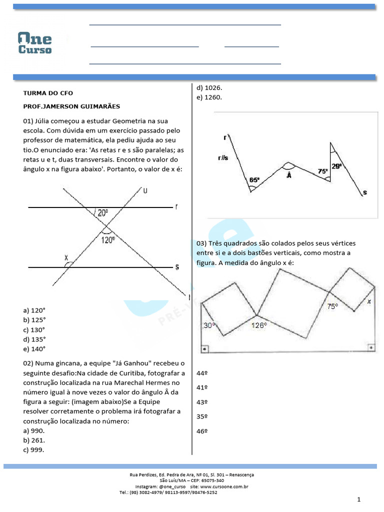 Lista de Matemática Extra Prof. Jamerson Guimarães, Turma Do CFO | PDF | Triângulo | Círculo