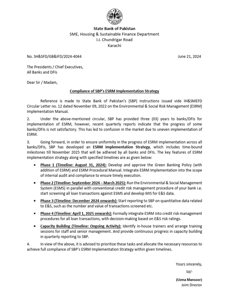 Letter To FIs - Compliance of ESRM Implementation Strategy | PDF ...