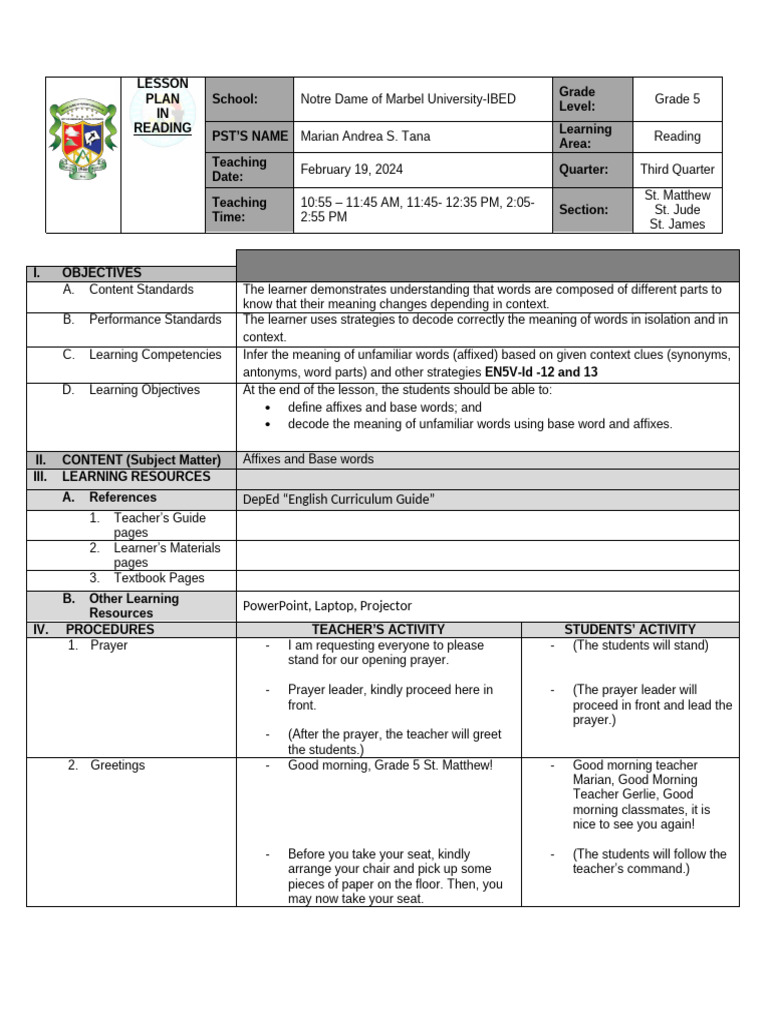 READING 5- Affixes and base words DLP_Tana | PDF | Word | Learning