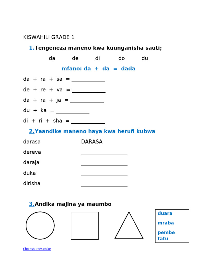 Grade 1 Kiswahili Midterm 1 Exam 2024 | PDF