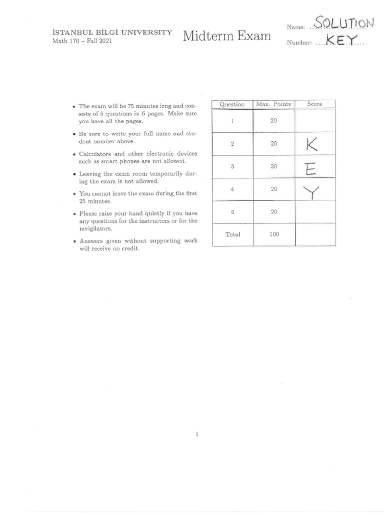 Math170 MT SolutionKey Fall2021 | PDF