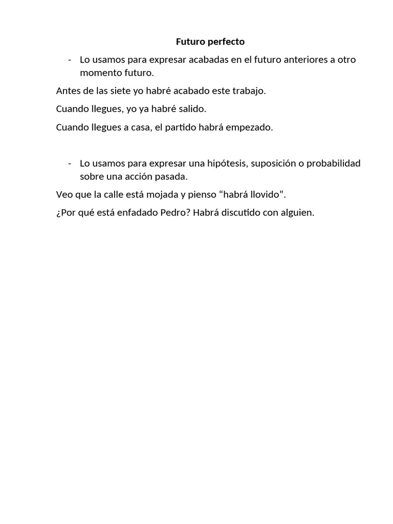 Uso del futuro perfecto en español | PDF
