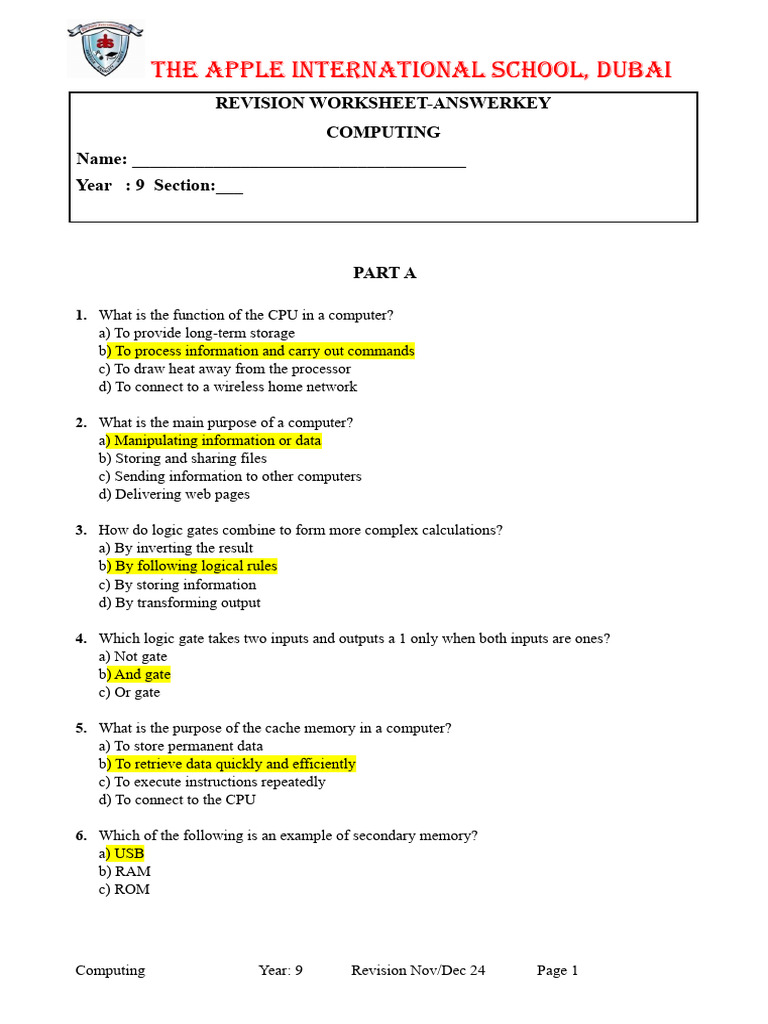 Year 9 Computing Revision Worksheet | PDF | Computer Data Storage ...