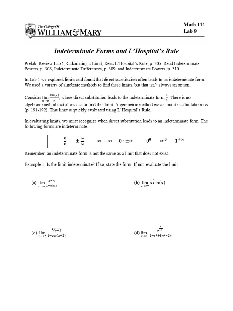 math-111-f23-lab-9-indeterminate-forms1 | PDF | Arithmetic | Algebra