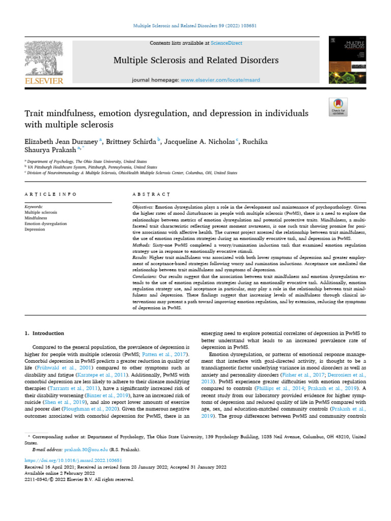 Trait mindfulness, emotion dysregulation, and depression in individuals with multiple sclerosis ...