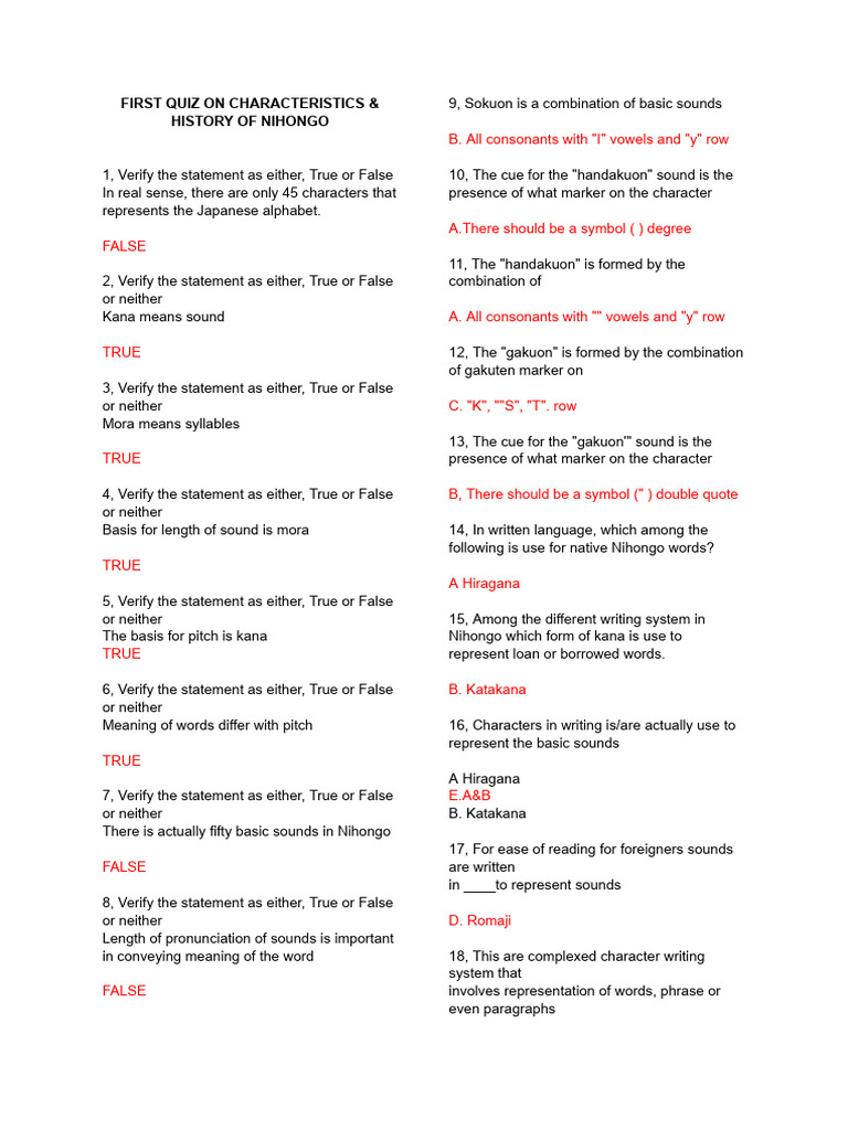 Nihongo Characteristics Quiz | PDF | Japanese Language | Linguistics