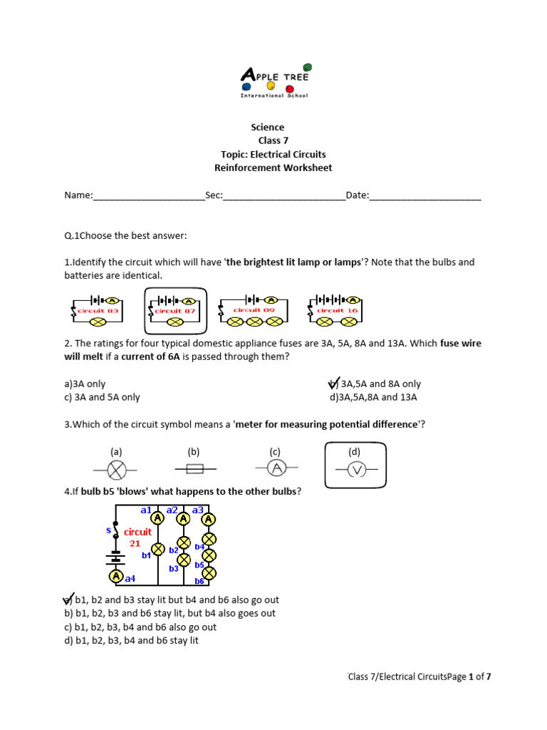 Class 7 Electrical Circuits Worksheet | PDF | Voltage | Series And ...