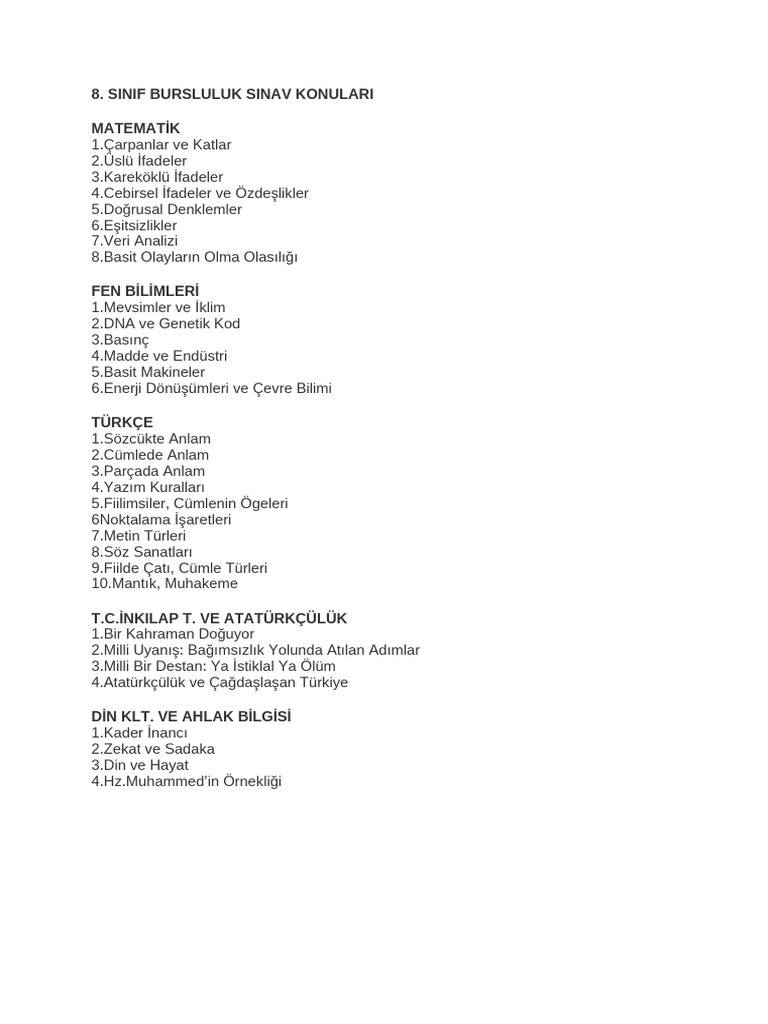 Sinif Bursluluk Sinav Konulari | PDF