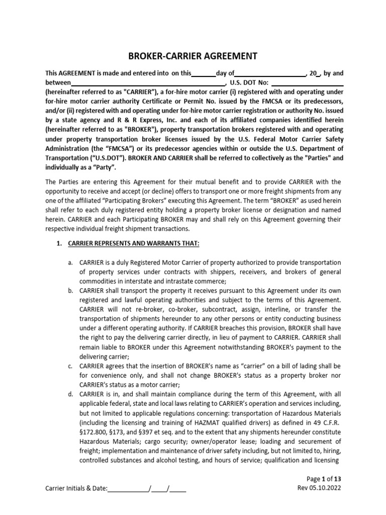 Bca Broker Carrier Agreement | PDF | Indemnity | Cargo