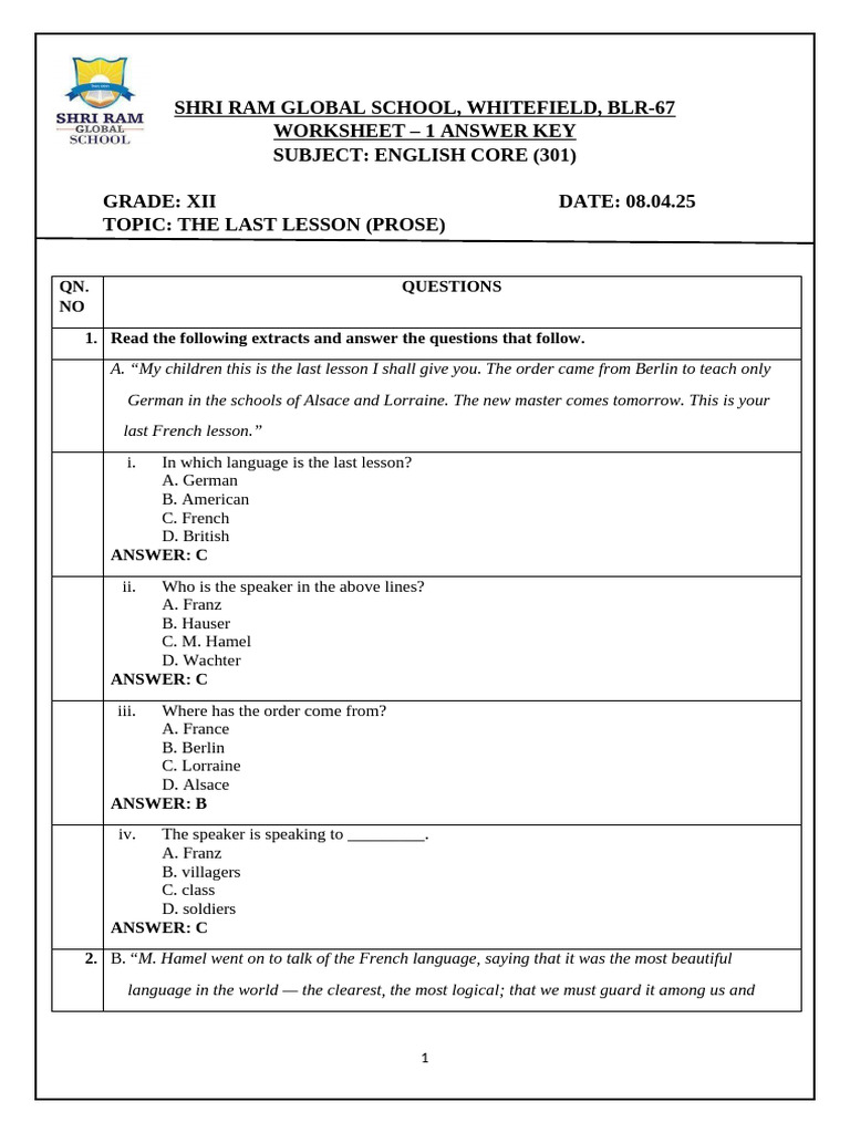 Last Lesson Worksheet Answer Key | PDF | Human Communication