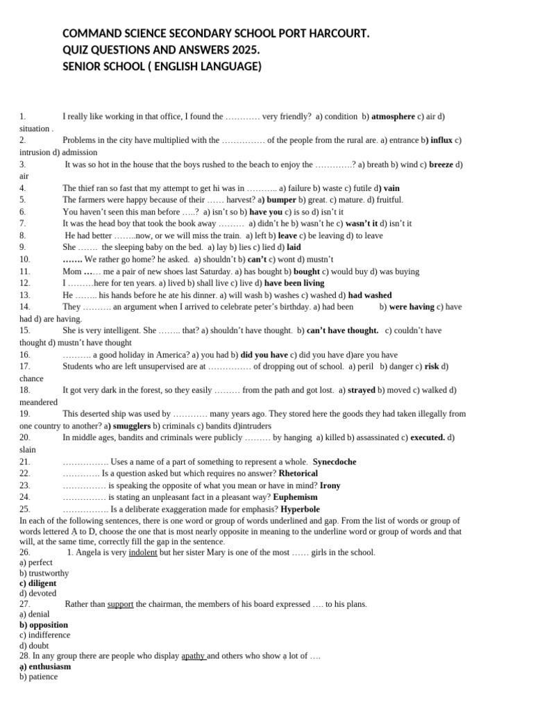 English Language Quiz Questions For Senior Secondary-1 | PDF
