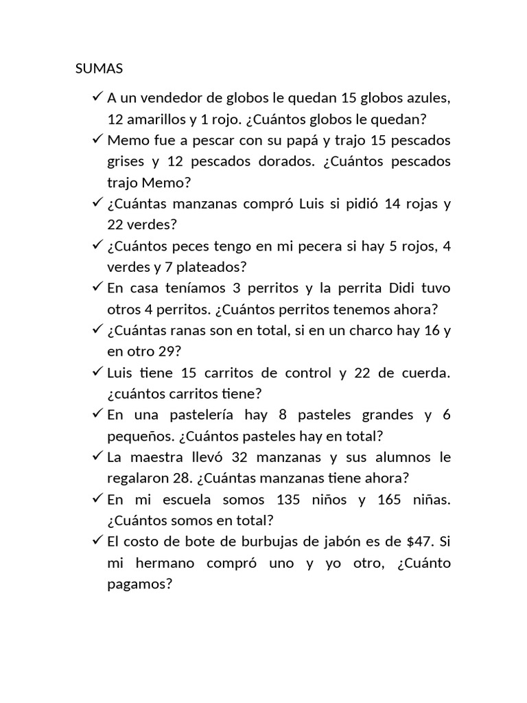 Problemas Razonados de Sumas y Restas | PDF | Alimentos | Cocina
