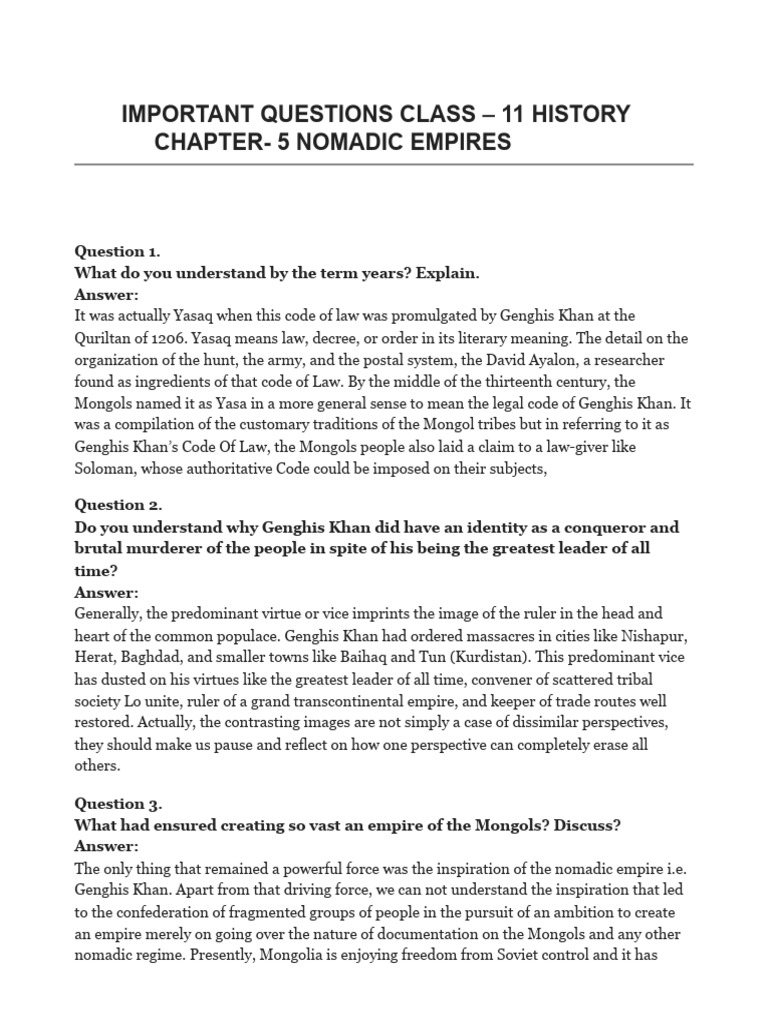 Important Questions on Nomadic Empires | PDF | Genghis Khan | Mongol Empire