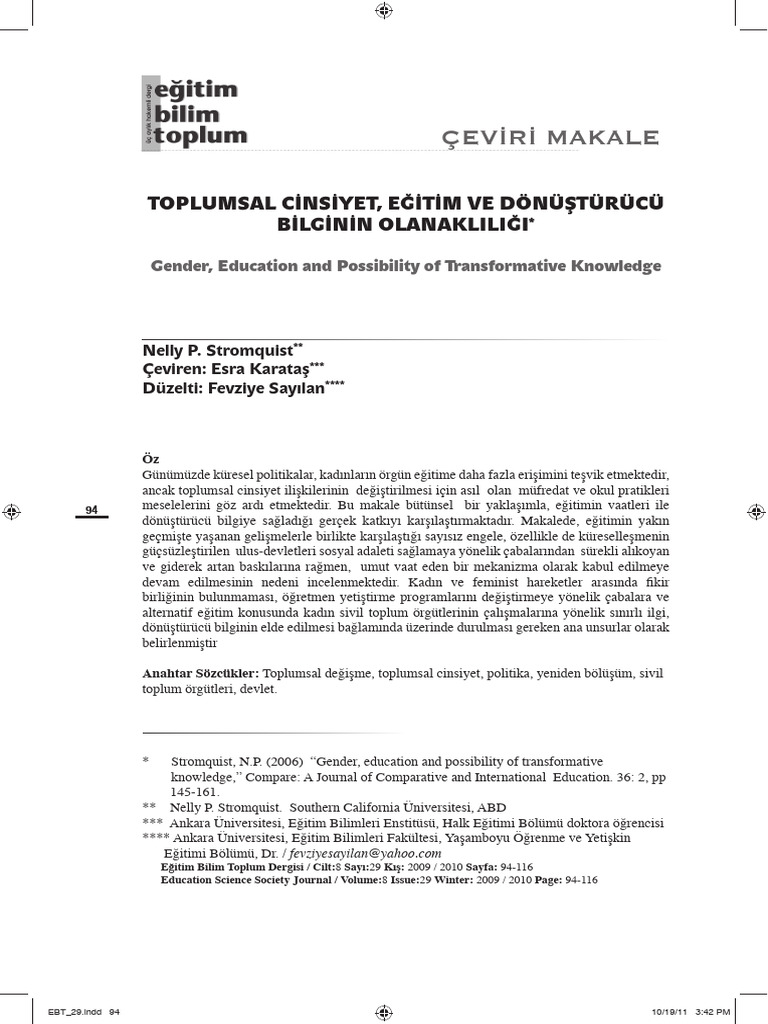 Stromquist - Toplumsal Cinsiyet ve Dönüştürücü Bilgi | PDF