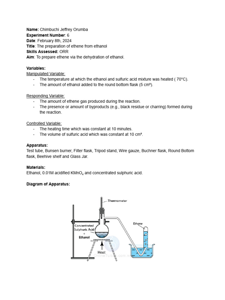 Ethene Preparation from Ethanol Experiment | PDF | Chemical Reactions ...