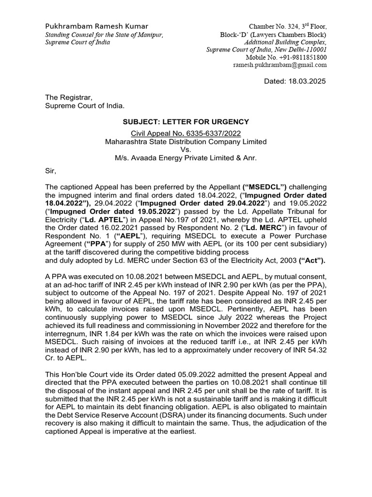 1-Urgency Letter (AvaadaEnergyLtd.) | PDF | Debt | Economies