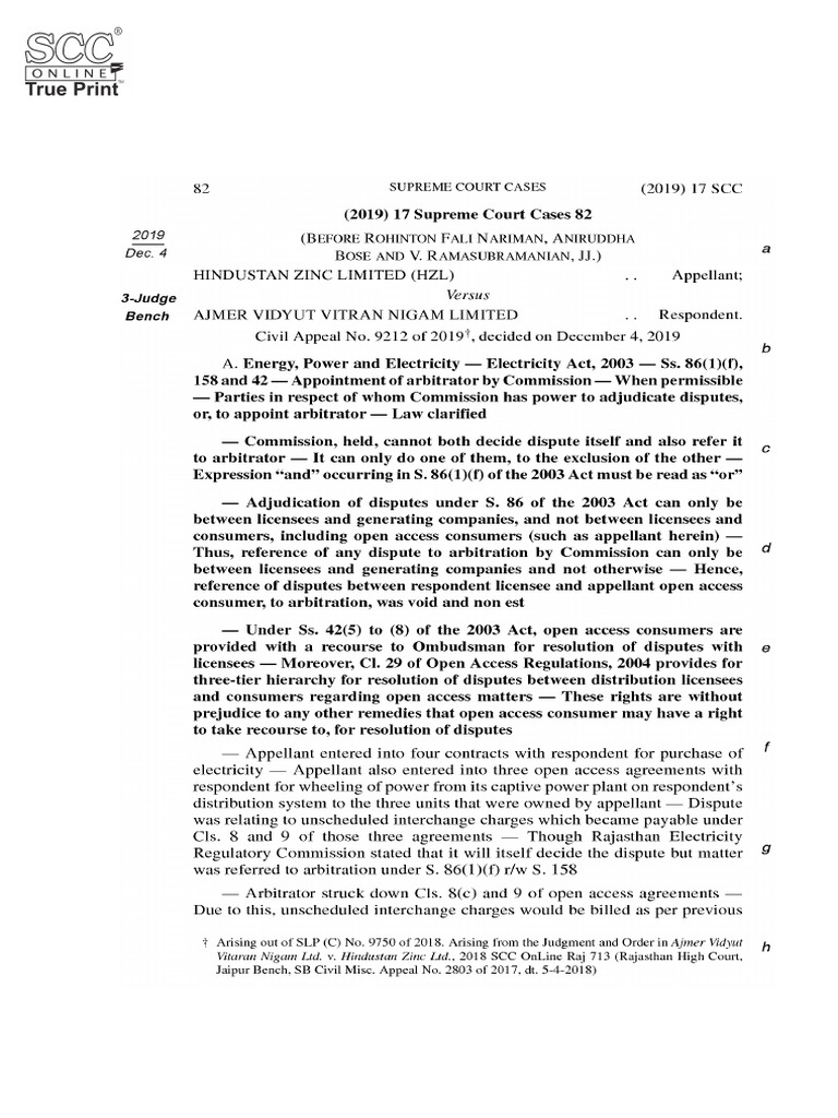 Hindustan Zinc Ltd. v. Ajmer Vidyut Vitran Nigam LTD., (2019) 17 SCC 82 ...