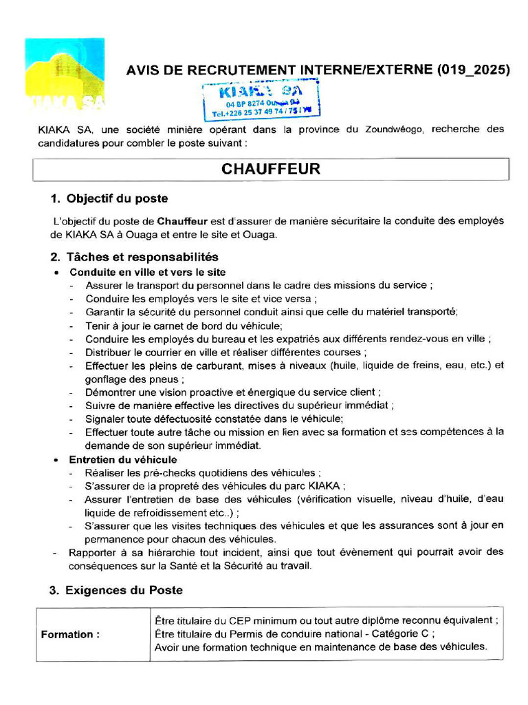 Avis de Recrutement Chauffeur | PDF