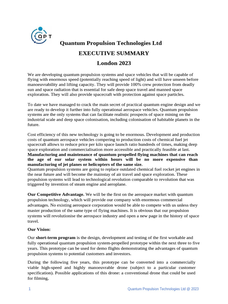 Quantum Propulsion Technologies LTD - EXECUTIVE SUMMARY | PDF ...