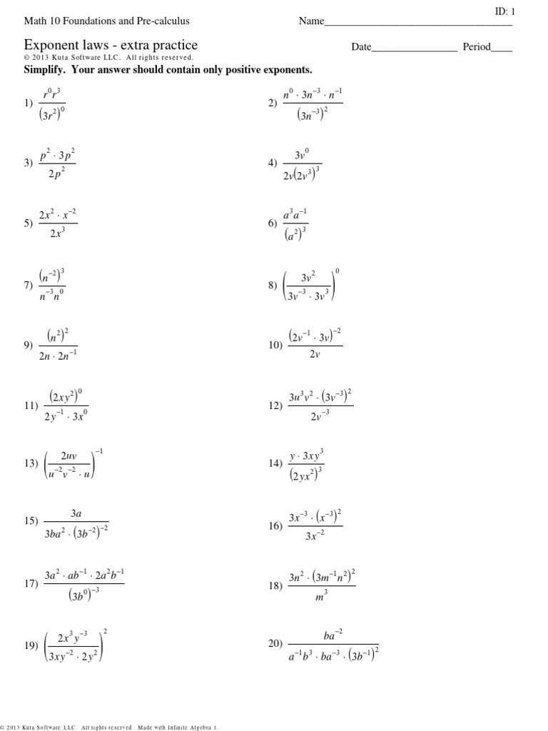 Exponent Laws Practice Worksheet | PDF | Mathematics