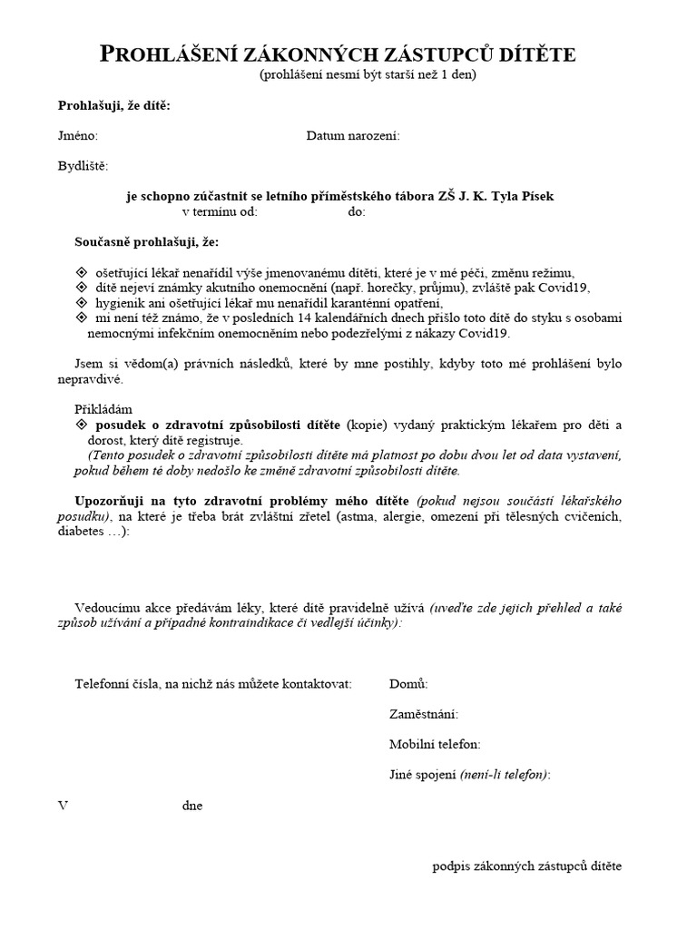 LPT 2025 Prohlaseni Zakonnych Zastupcu Ditete Bezinfekcnost | PDF