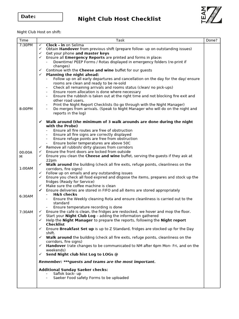 Night Club Host Shift Checklist | PDF