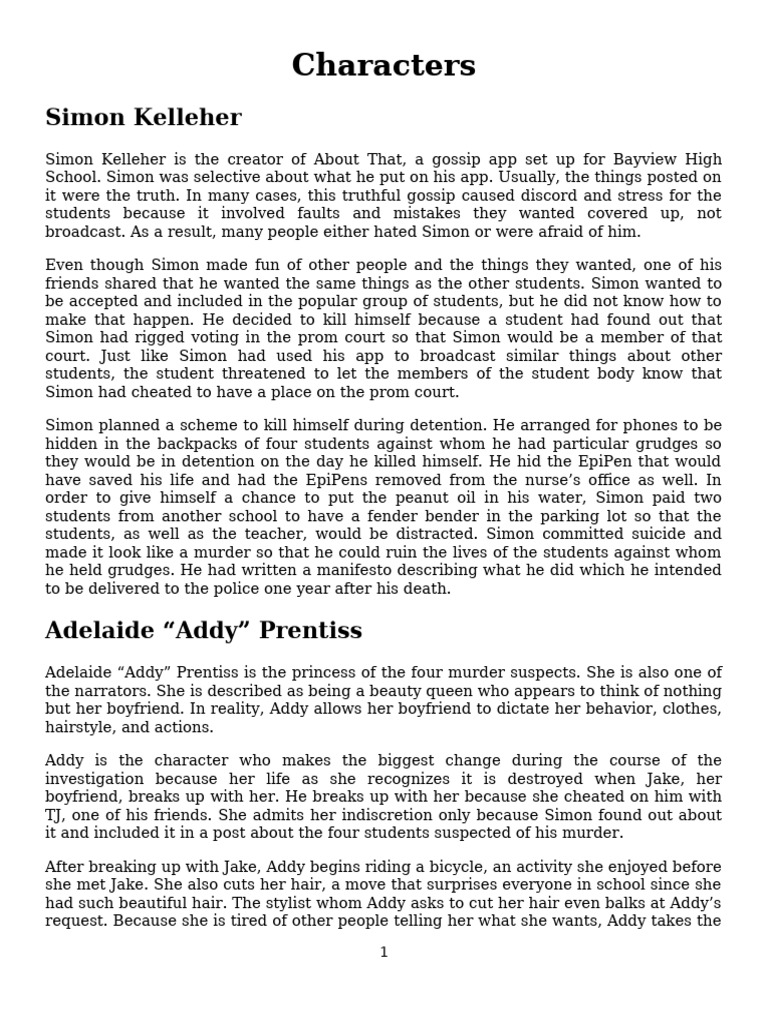 Characters in One of Us Is Lying | PDF