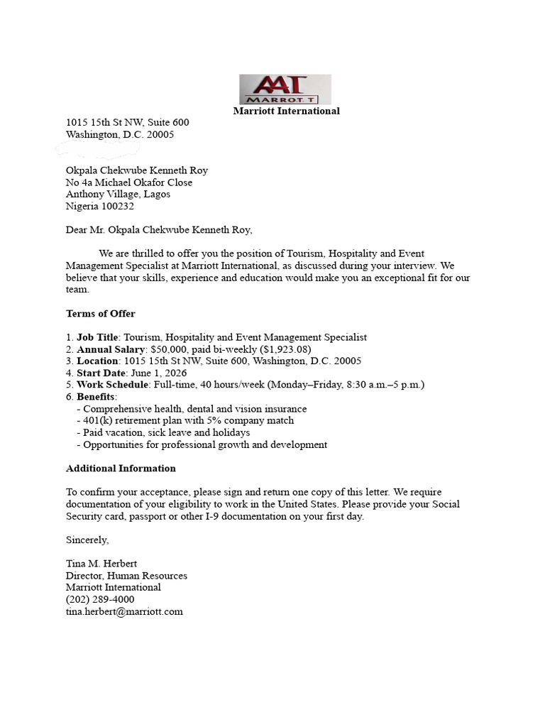 Marriott Job Offer Acceptance Details | PDF