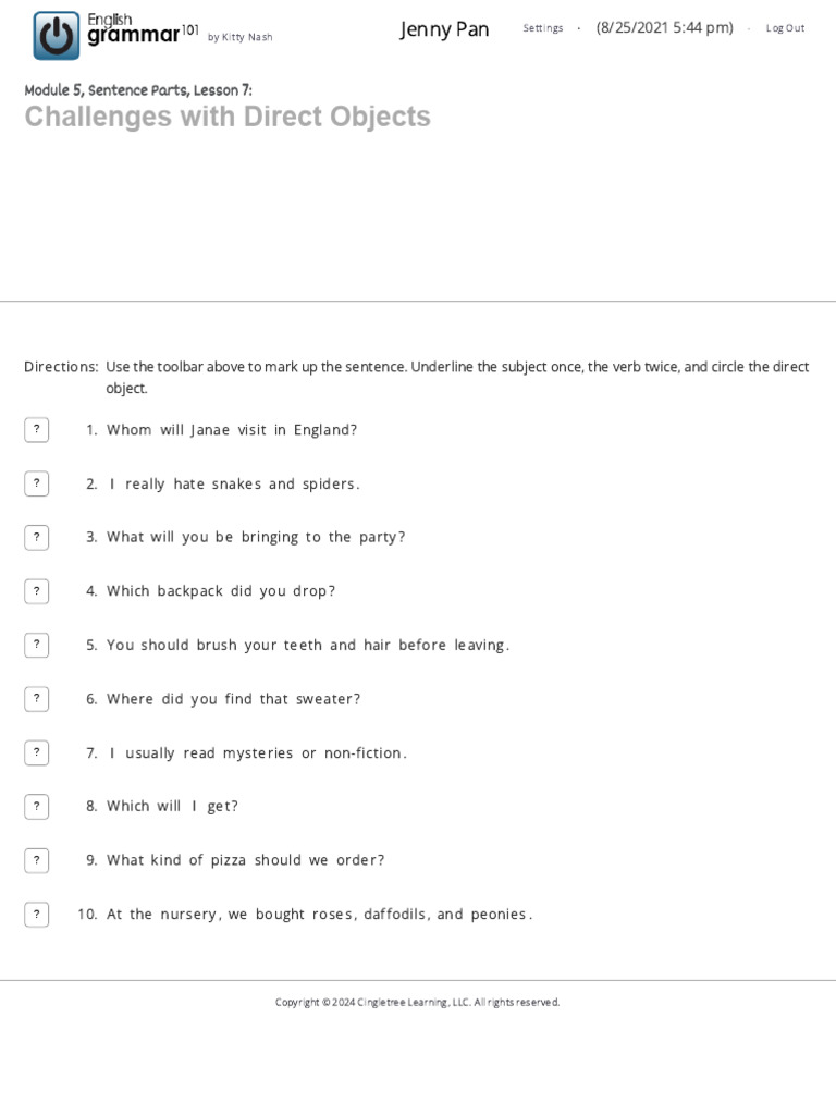 Challenges With Direct Objects: Module 5, Sentence Parts, Lesson 7 | PDF