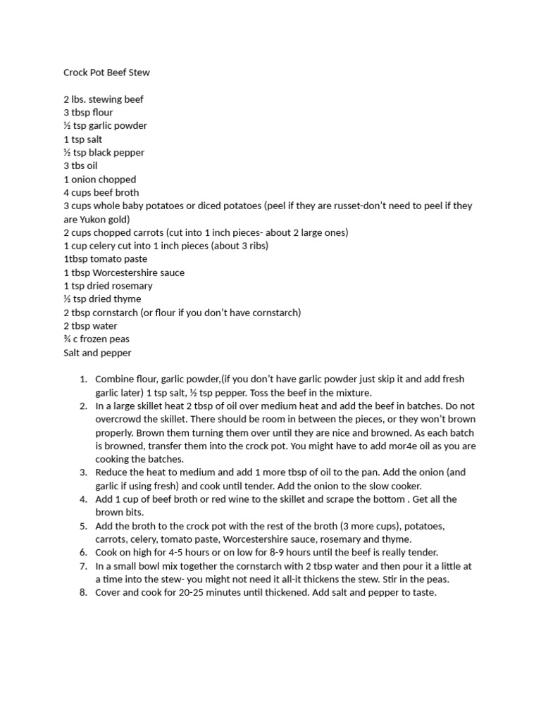 Crock Pot Beef Stew Recipe | PDF