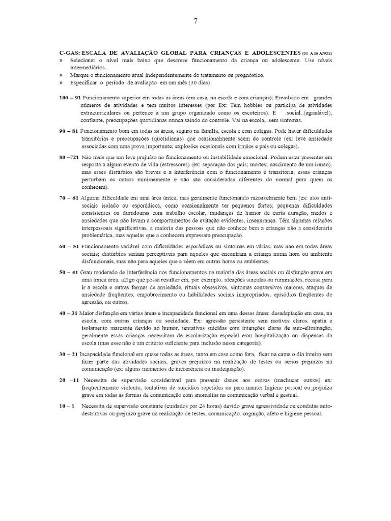 CGAS - Escala Global de Avaliação de Crianças e Adolescentes | PDF