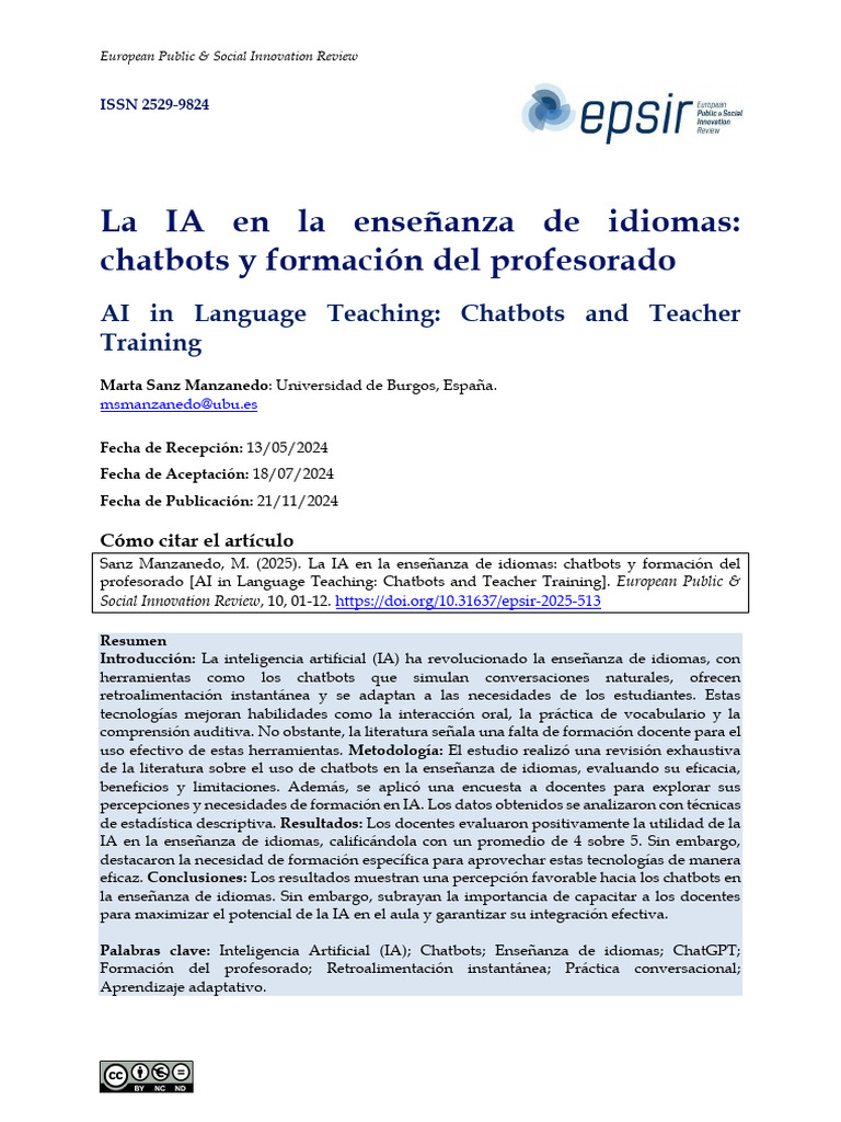 La IA en La Ensenanza de Idiomas Chatbots y Formac | PDF | Inteligencia ...
