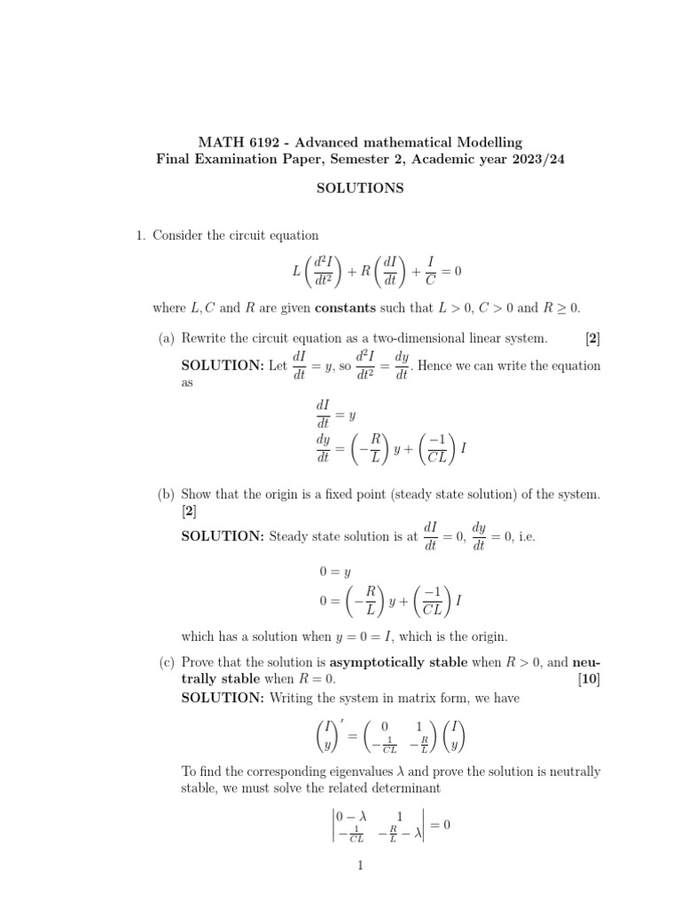 Solutions - Final Exam MATH6192 - May2024 | PDF | Eigenvalues And Eigenvectors | Exponential ...
