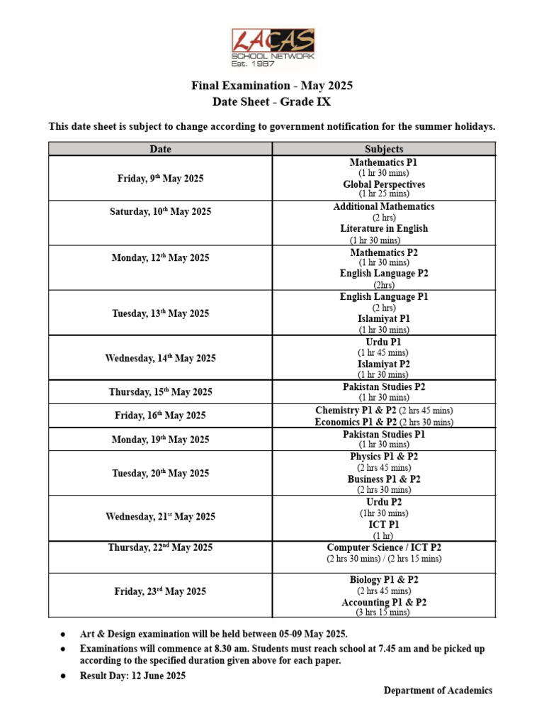 LACAS Final Examination Date Sheet IX (Revised) | PDF