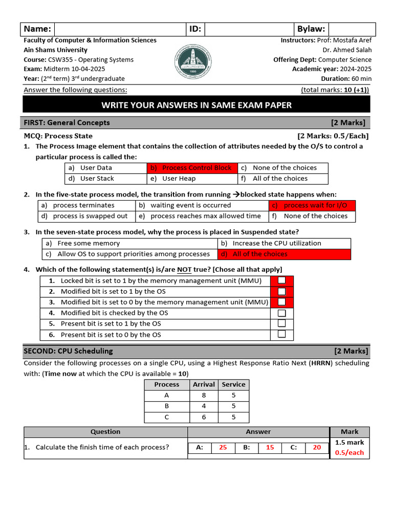 CSW355 - OldBylaw - OperatingSystems - Midterm - Term2 - 2025 (Model Answer) | PDF | Cpu Cache ...