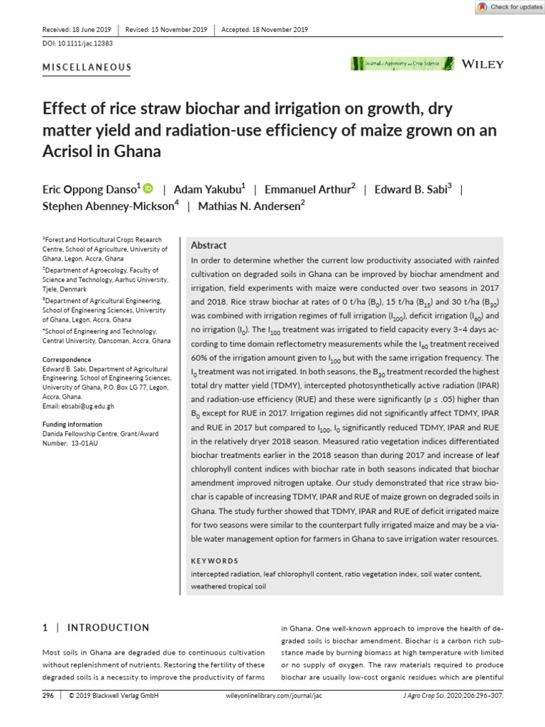 J Agronomy Crop Science - 2019 - Oppong Danso - Effect of Rice Straw Biochar and Irrigation On ...