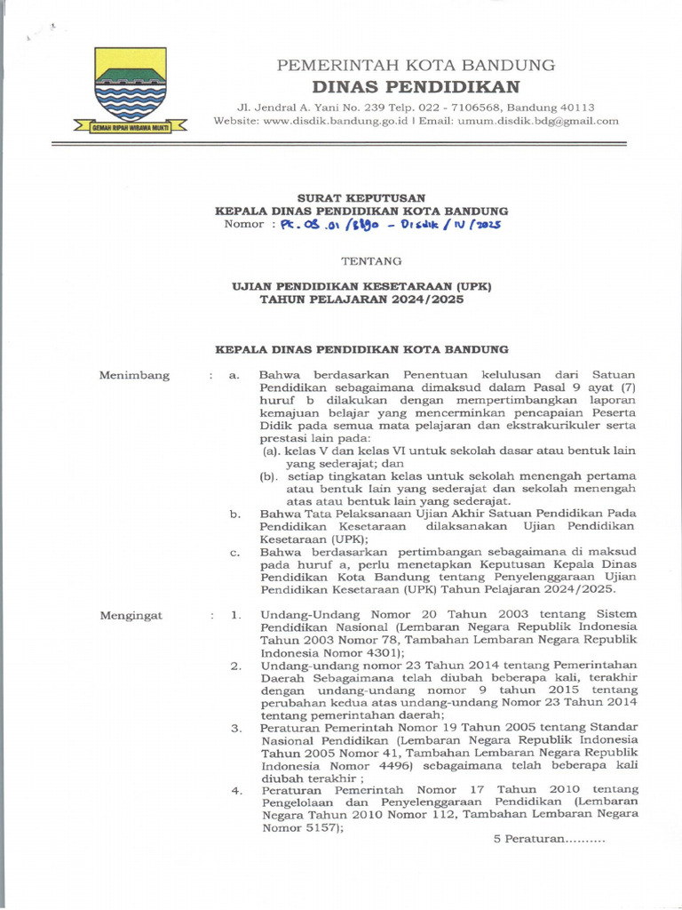 SK Kepala Dinas Tentang Ujian Pendidikan Kesetaraan (UPK) Tahun Pelajaran 2024-2025 | PDF