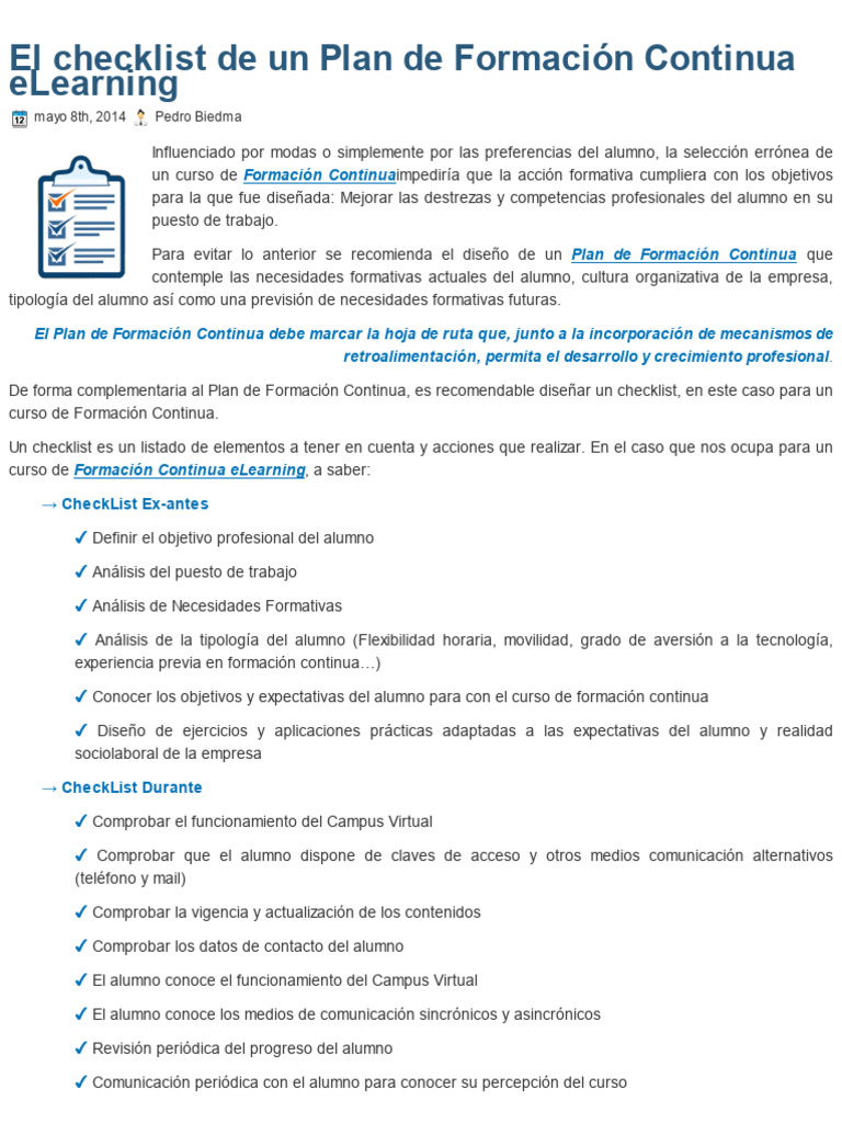 El Checklist de Un Plan de Formación Continua ELearning - Proveedor de ...