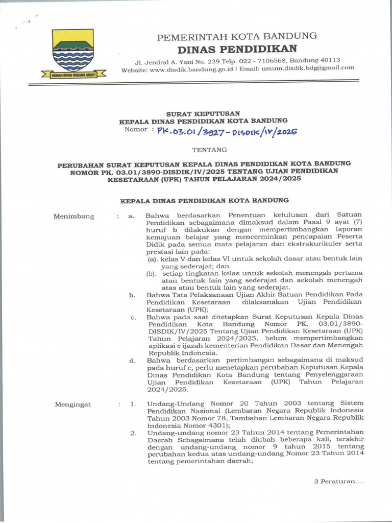 Perubahan SK Kadisdik Nomor 3890 Tentang UPK Tahun Pel. 2024-2025 | PDF