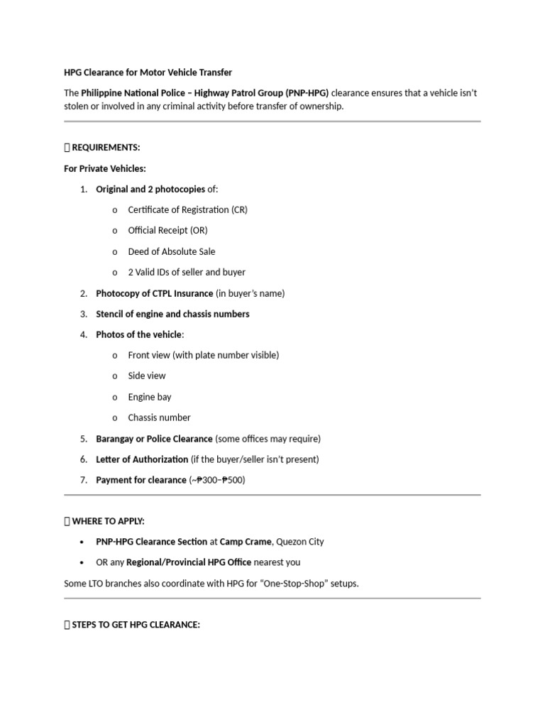 HPG Clearance For Motor Vehicle Transfer | PDF