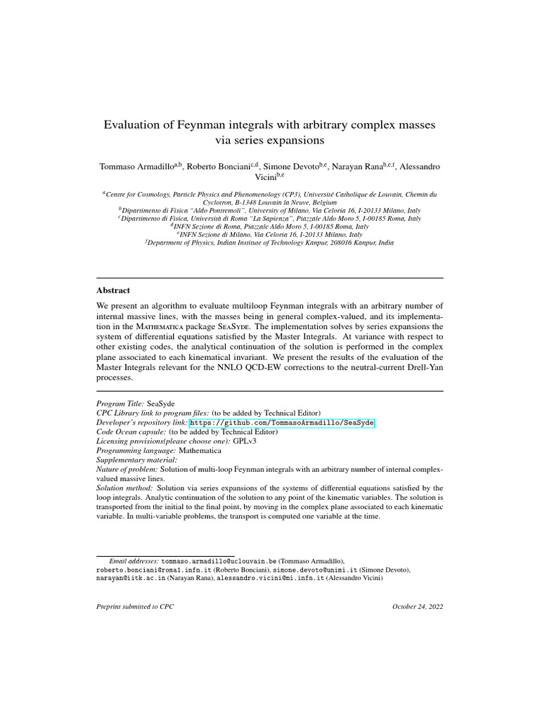 Evaluation of Feynman Integrals With Arbitrary Complex Masses | PDF | Equations | Integral