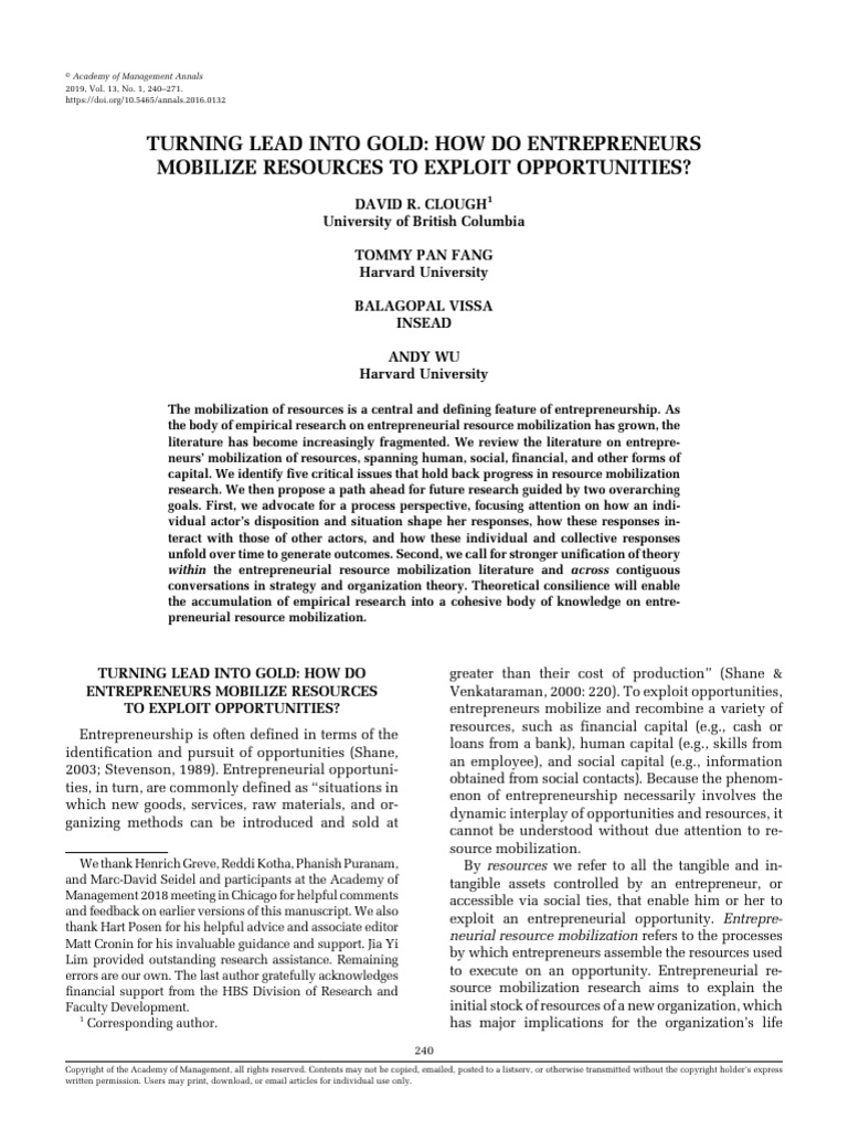 Clough Et Al 2019 Turning Lead Into Gold How Do Entrepreneurs Mobilize Resources To Exploit ...