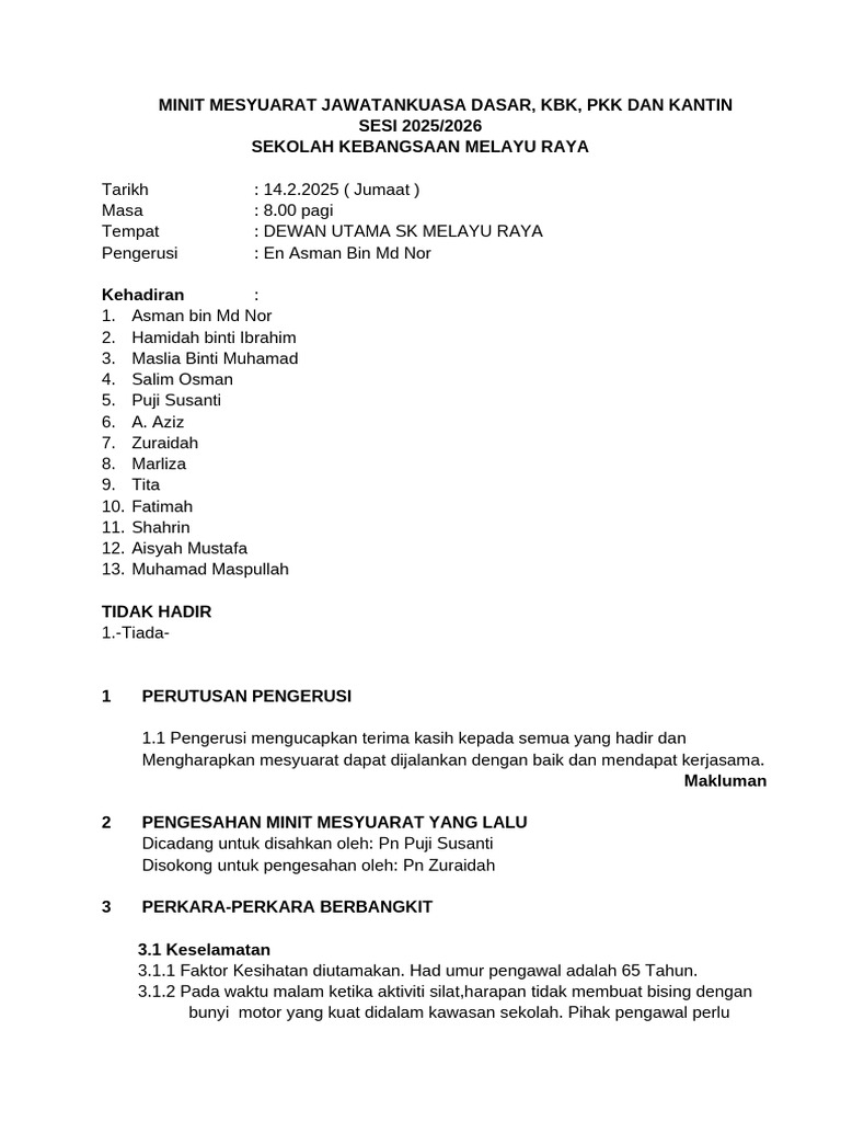MINIT MESYUARAT TAKLIMAT DASAR, KBK,PKK DAN KANTIN | PDF
