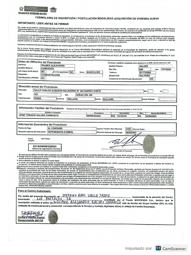 Formulario de Inscripción Bono Techo Propio Wilmer Galvez | PDF