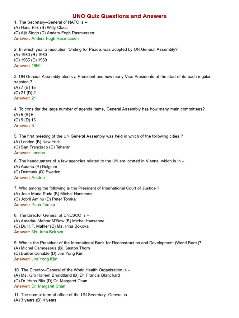 UNO Quiz Questions and Answers | PDF | United Nations | International ...