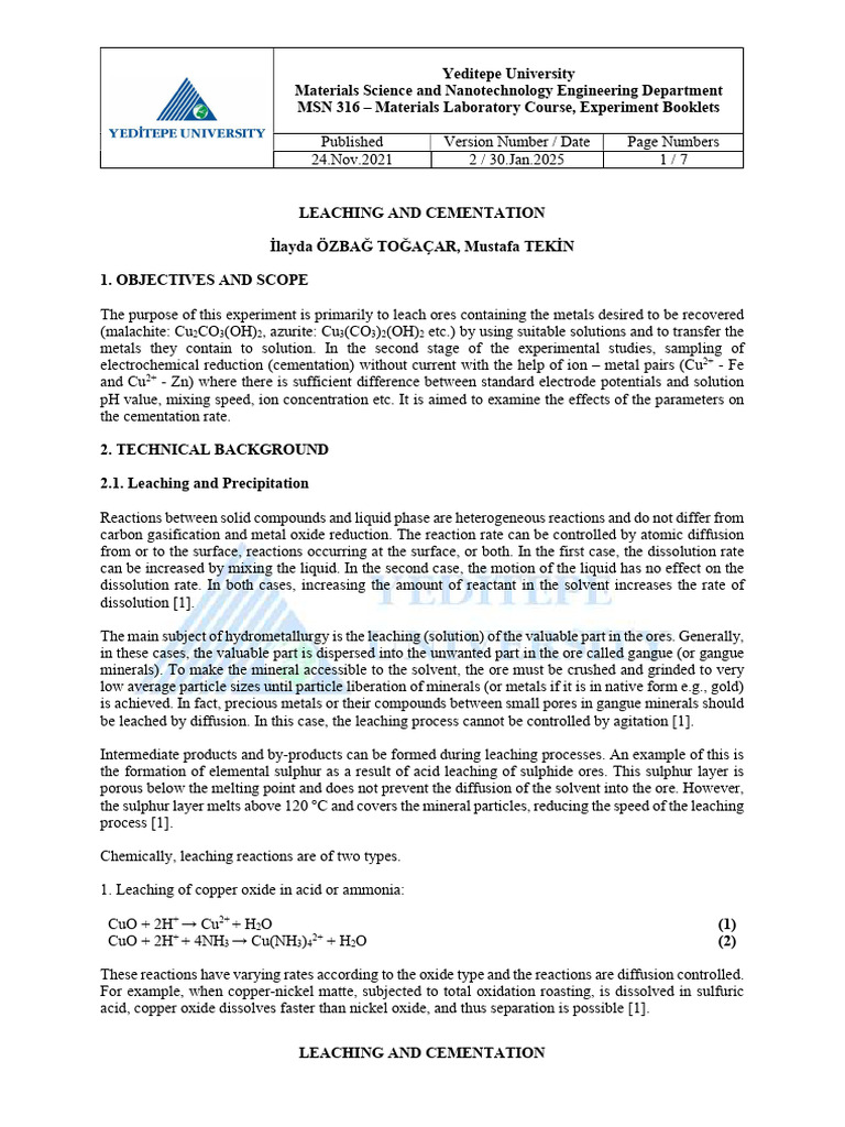 Experiment 3 - Leaching and Cementation | PDF | Chemical Reactions | Redox