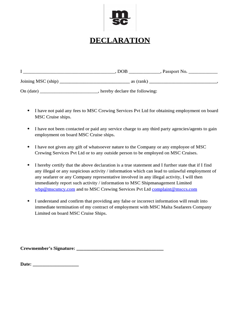 MSC Employment Declaration Form | PDF