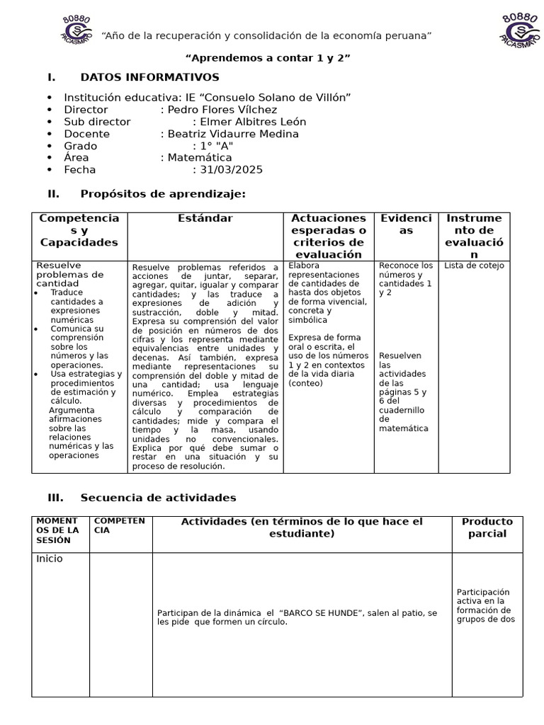 Sesión 2. Aprendemos A Contar 1 y 2 | PDF | Aprendizaje