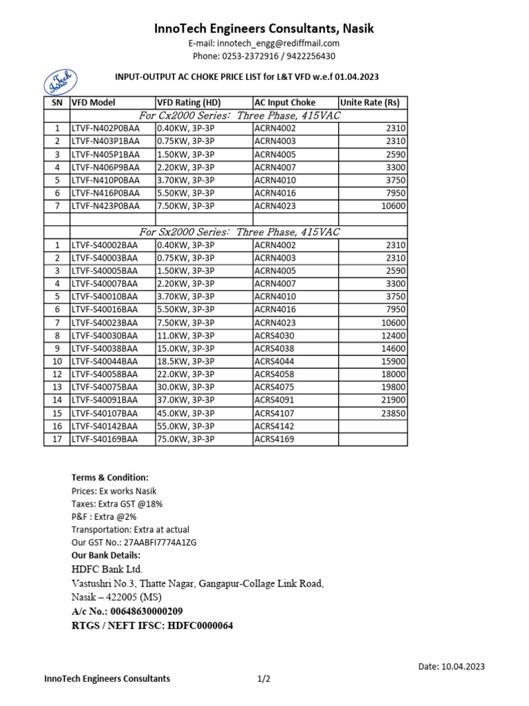 L&y VFD Choke Price | PDF